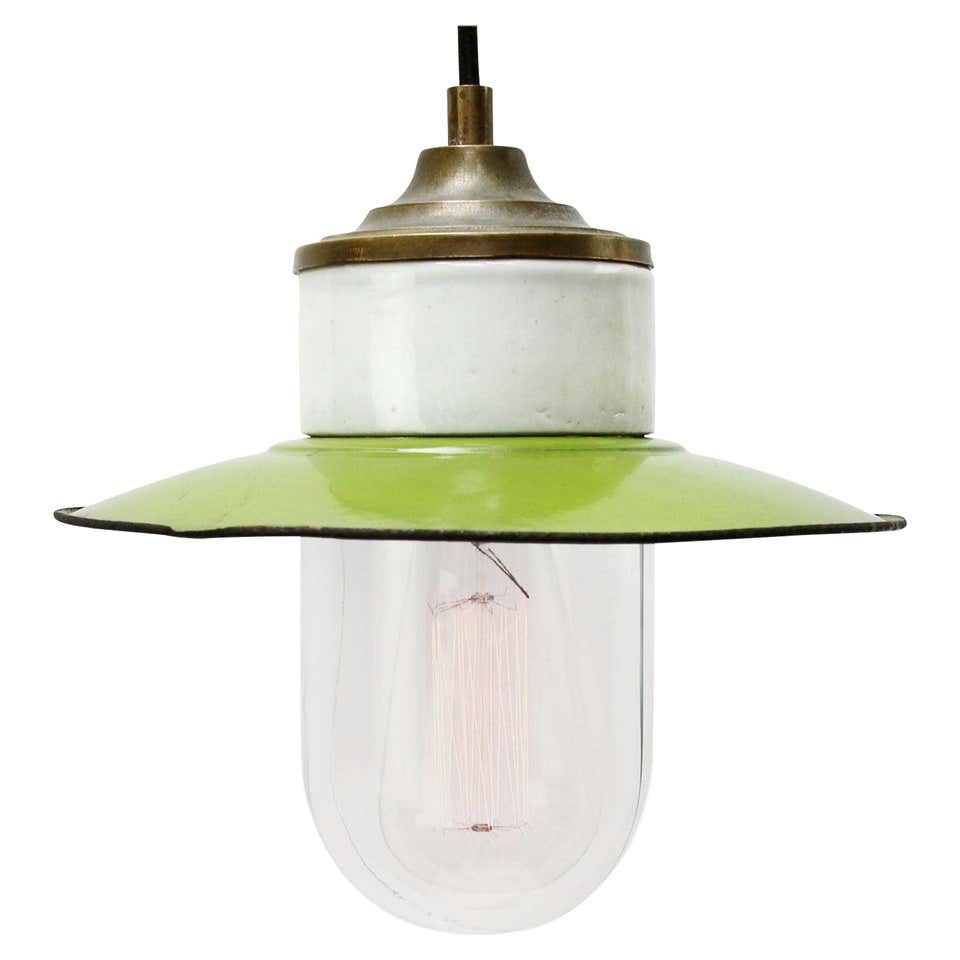 Green Enamel Vintage Industrial Brass Porcelain Clear Glass Pendant