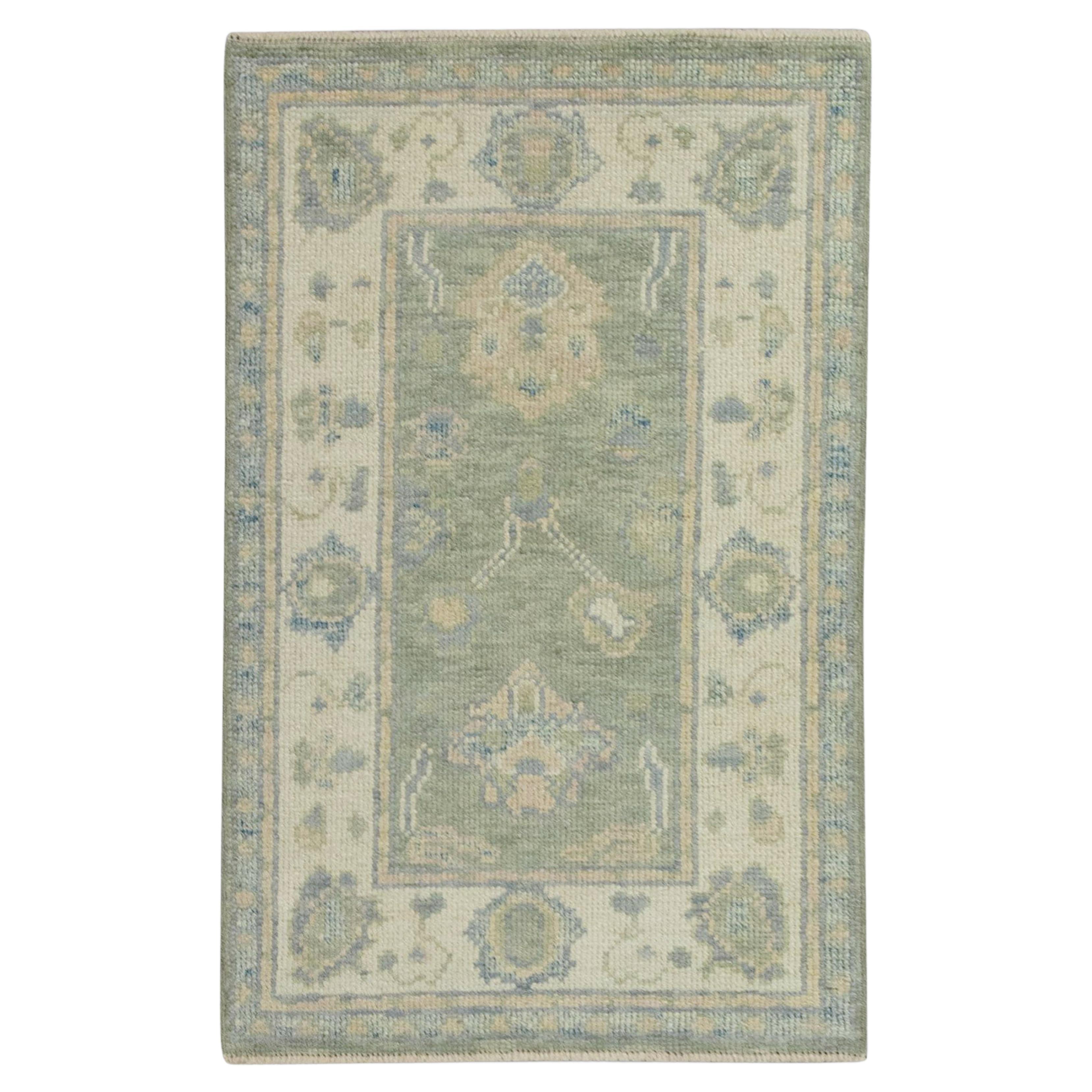Green Floral Design Handwoven Wool Turkish Oushak Rug For Sale at 1stDibs