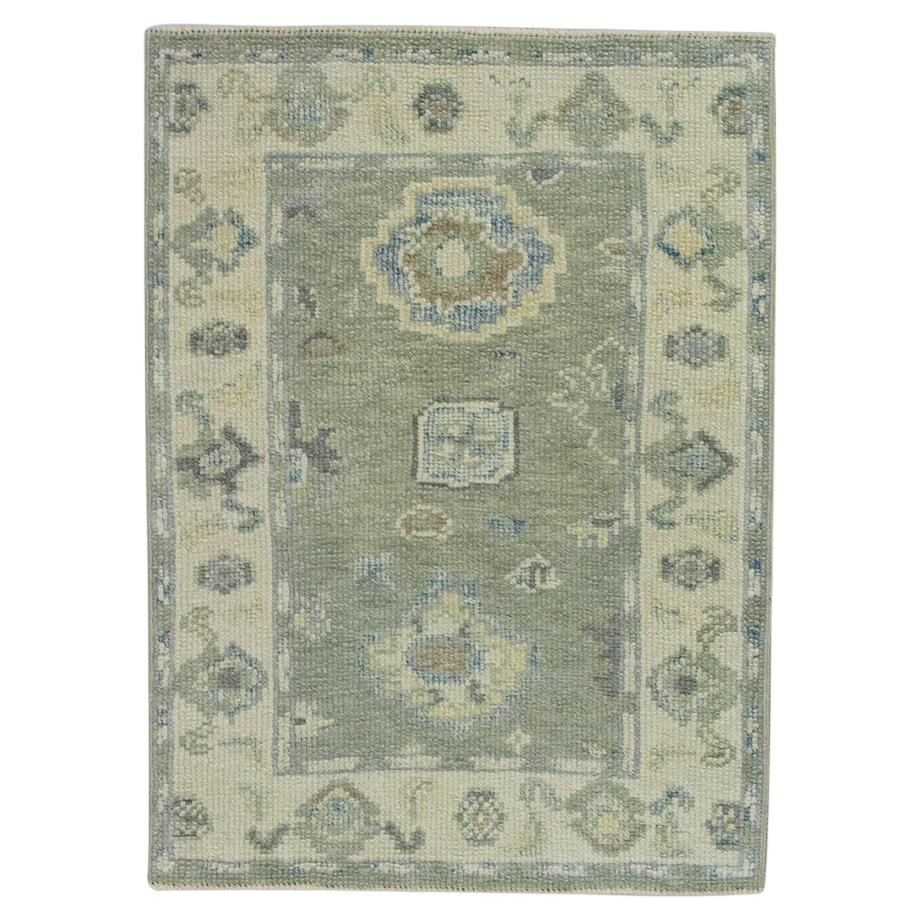 Green Floral Design Handwoven Wool Turkish Oushak Rug For Sale at 1stDibs