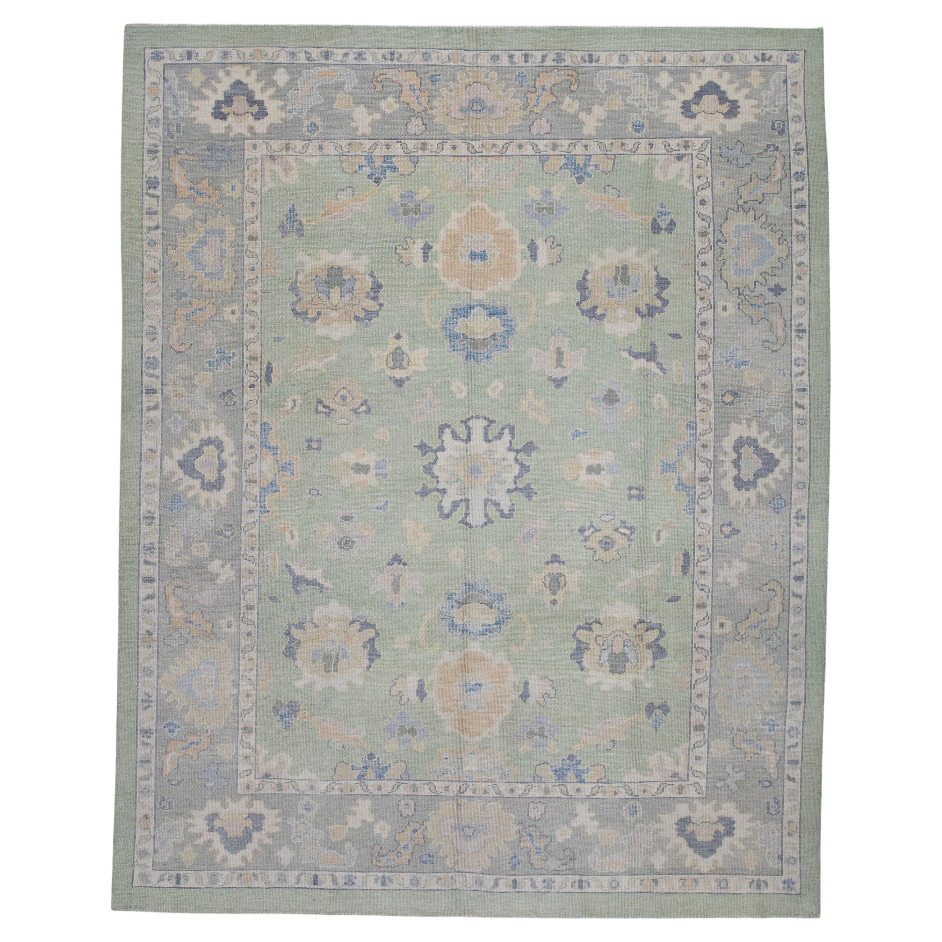 Green Floral Design Handwoven Wool Turkish Oushak Rug 9'4" X 11'8" For ...