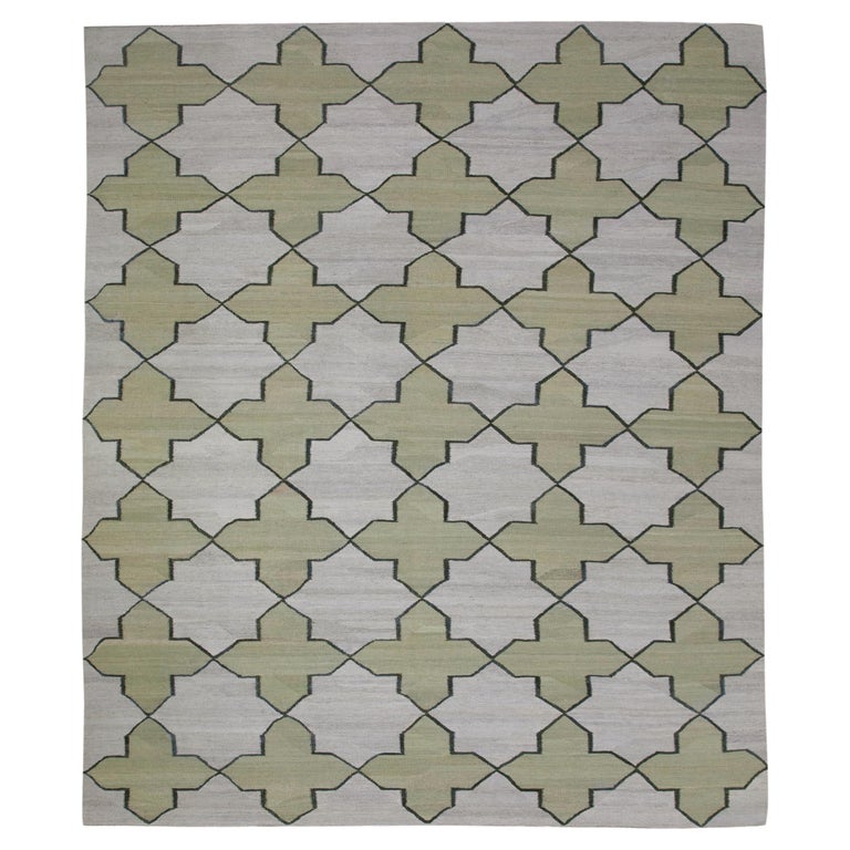Green Geometric Design Modern Flatweave Handmade Wool Rug 8'5" X 10 ...