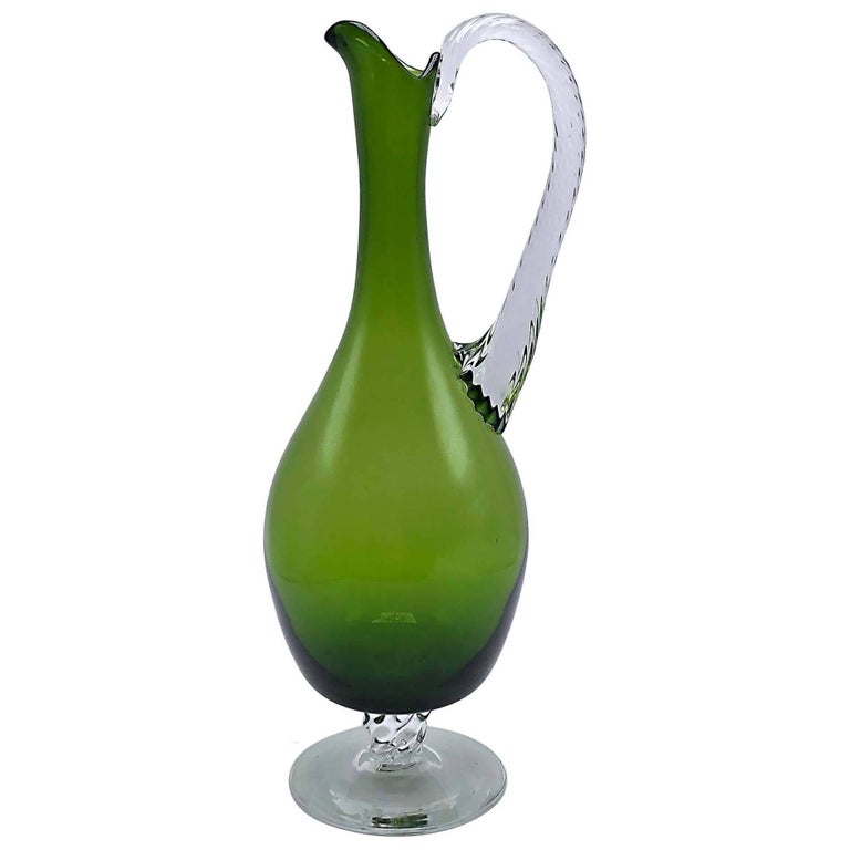 Green Glass Pitcher with Clear Glass Handle, circa 1960 at 1stDibs