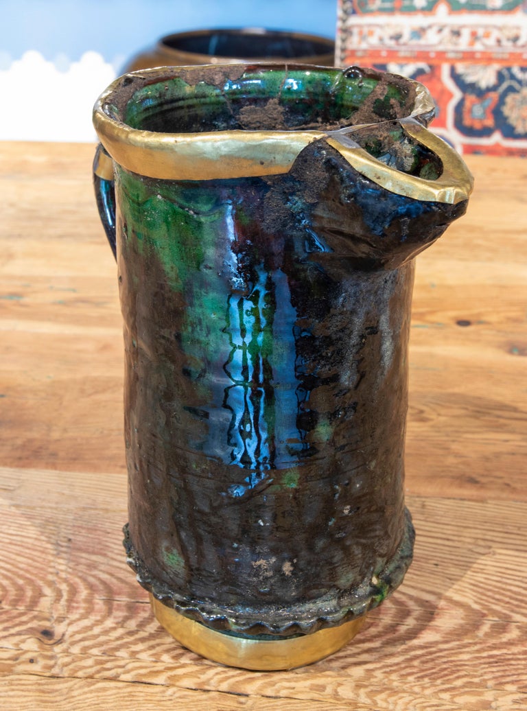 Green Glazed Ceramic Jug with Metal Strengthening For Sale at 1stDibs