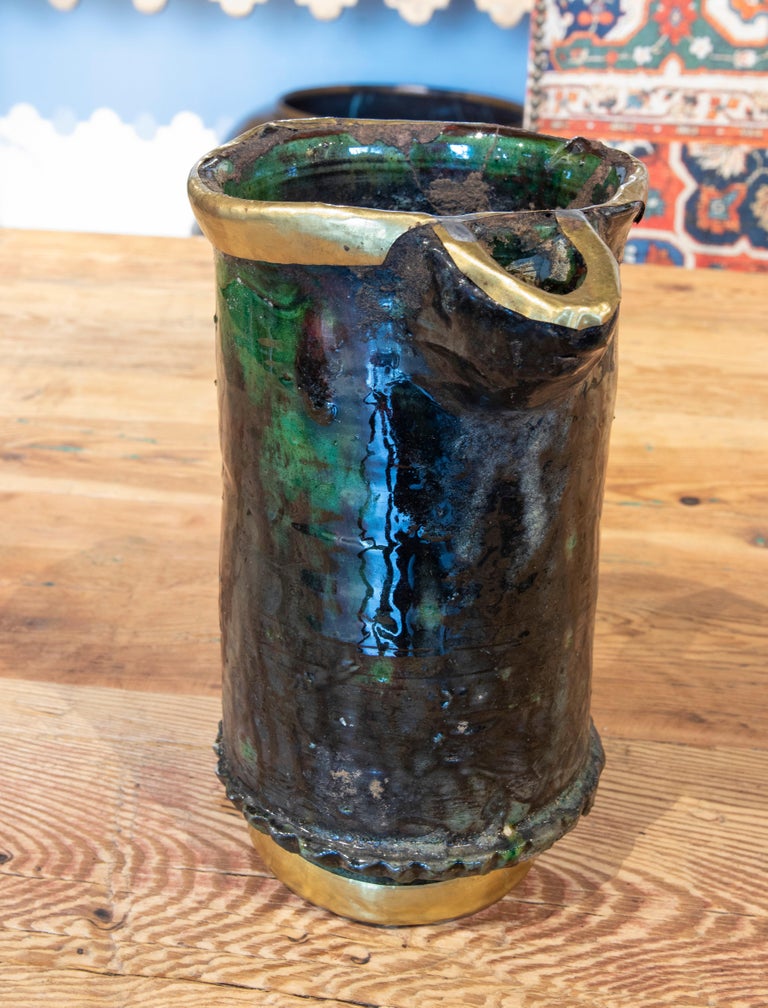 Green Glazed Ceramic Jug with Metal Strengthening For Sale at 1stDibs