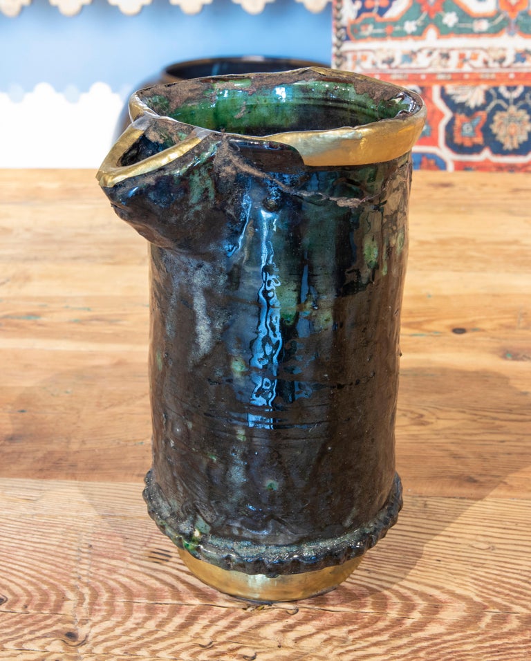 Green Glazed Ceramic Jug with Metal Strengthening For Sale at 1stDibs