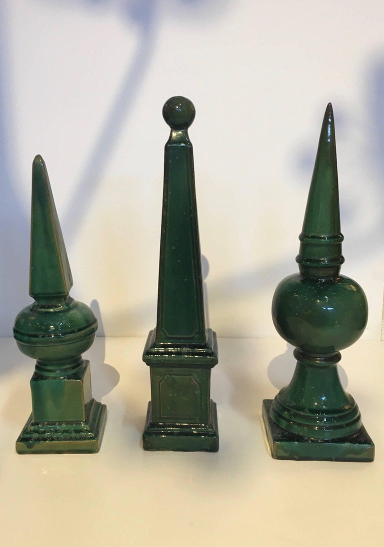 Green Glazed Ceramic Obelisks, Set of Three at 1stDibs
