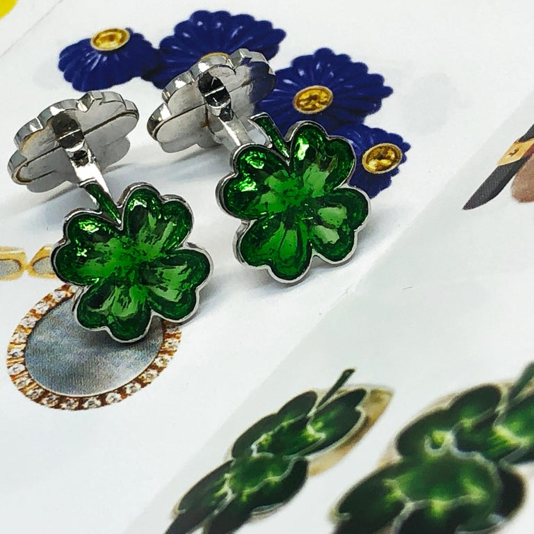Berca Green Hand Enameled Double Cloverleaf Sterling Silver Cufflinks ...