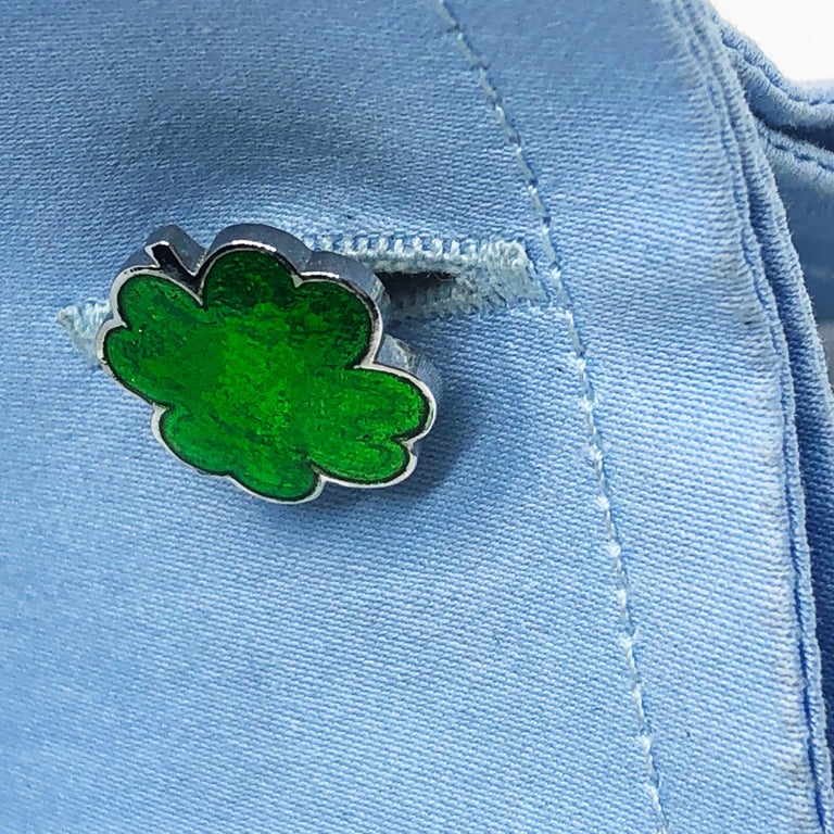 Berca Green Hand Enameled Double Cloverleaf Sterling Silver Cufflinks ...