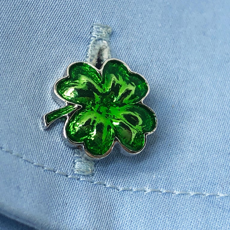 Berca Green Hand Enameled Double Cloverleaf Sterling Silver Cufflinks ...