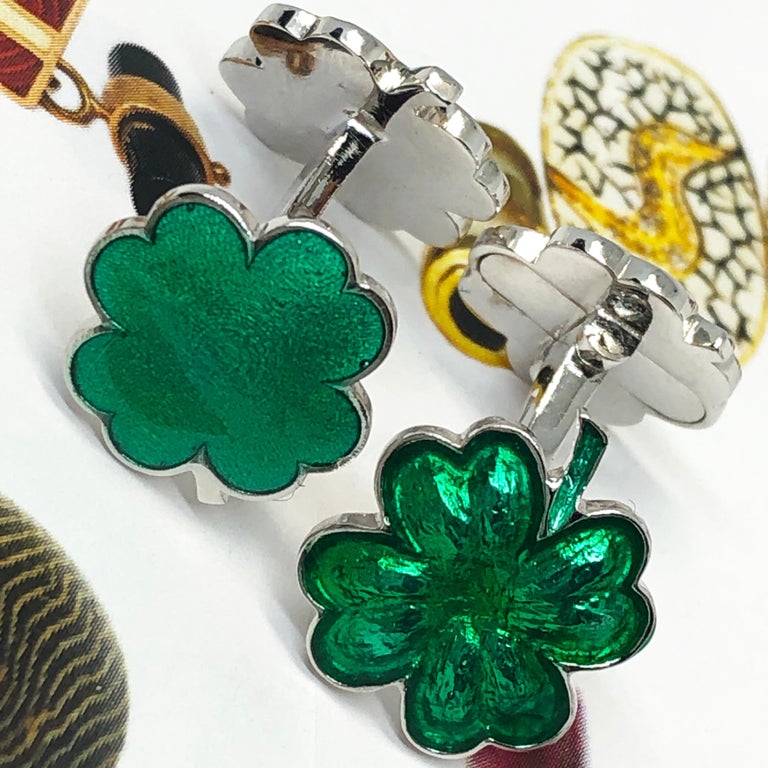 Berca Green Hand Enameled Double Cloverleaf Sterling Silver Cufflinks ...