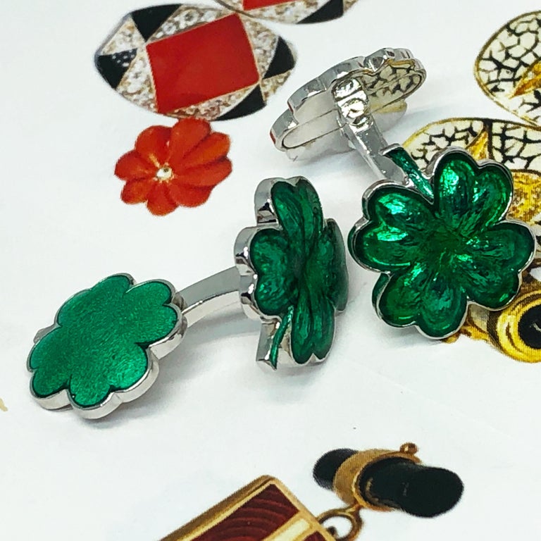 Berca Green Hand Enameled Double Cloverleaf Sterling Silver Cufflinks ...