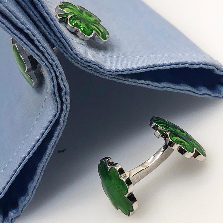 Berca Green Hand Enameled Double Cloverleaf Sterling Silver Cufflinks ...