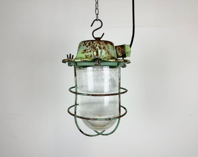 Green Industrial Soviet Bunker Pendant Light with Iron Grid, 1960s For ...