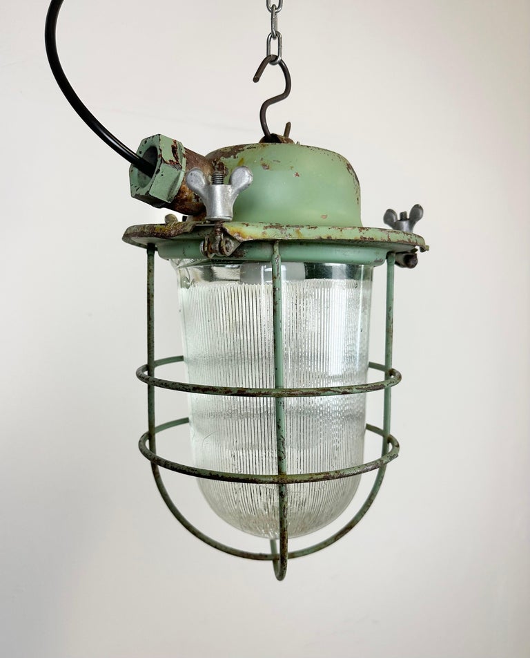 Green Industrial Soviet Bunker Pendant Light with Iron Grid, 1960s For ...