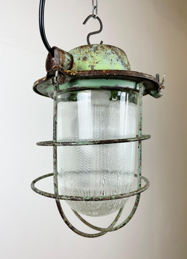 Green Industrial Soviet Bunker Pendant Light with Iron Grid, 1960s For ...