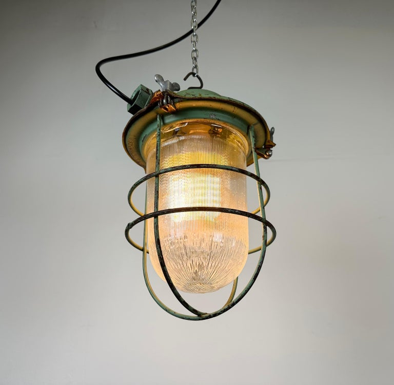 Green Industrial Soviet Bunker Pendant Light with Iron Grid, 1960s For ...