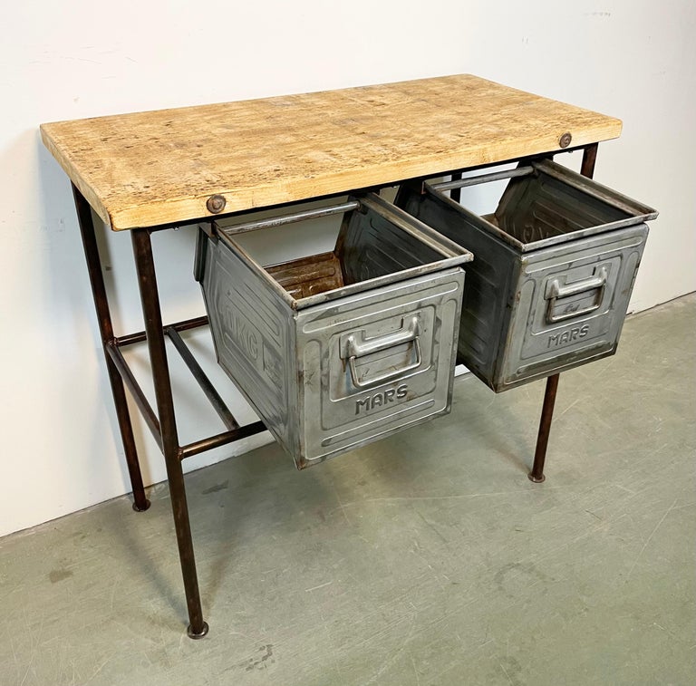 Industrial Worktable with Two Iron Drawers, 1960s For Sale at 1stDibs