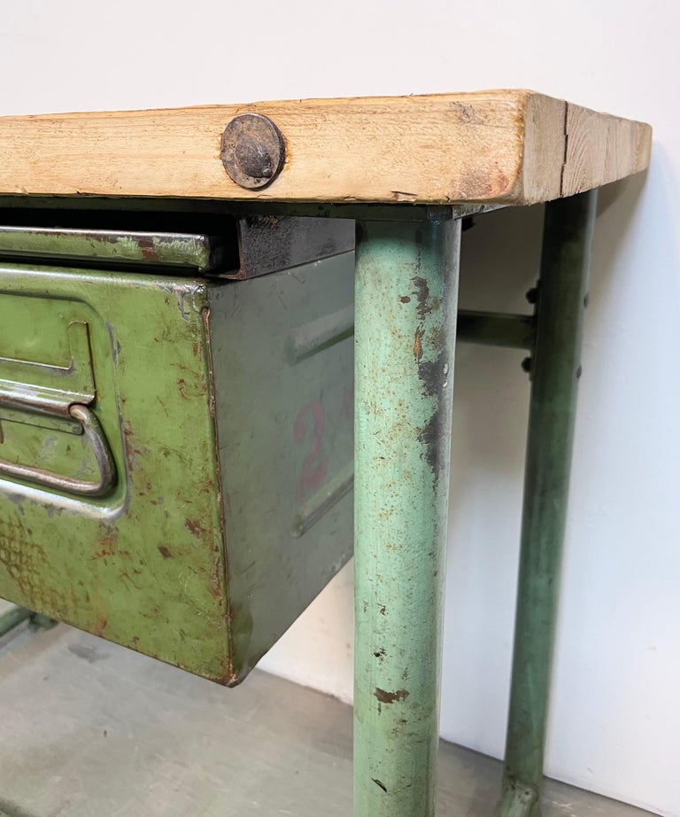 Green Industrial Worktable with Two Iron Drawers, 1960s For Sale at 1stDibs