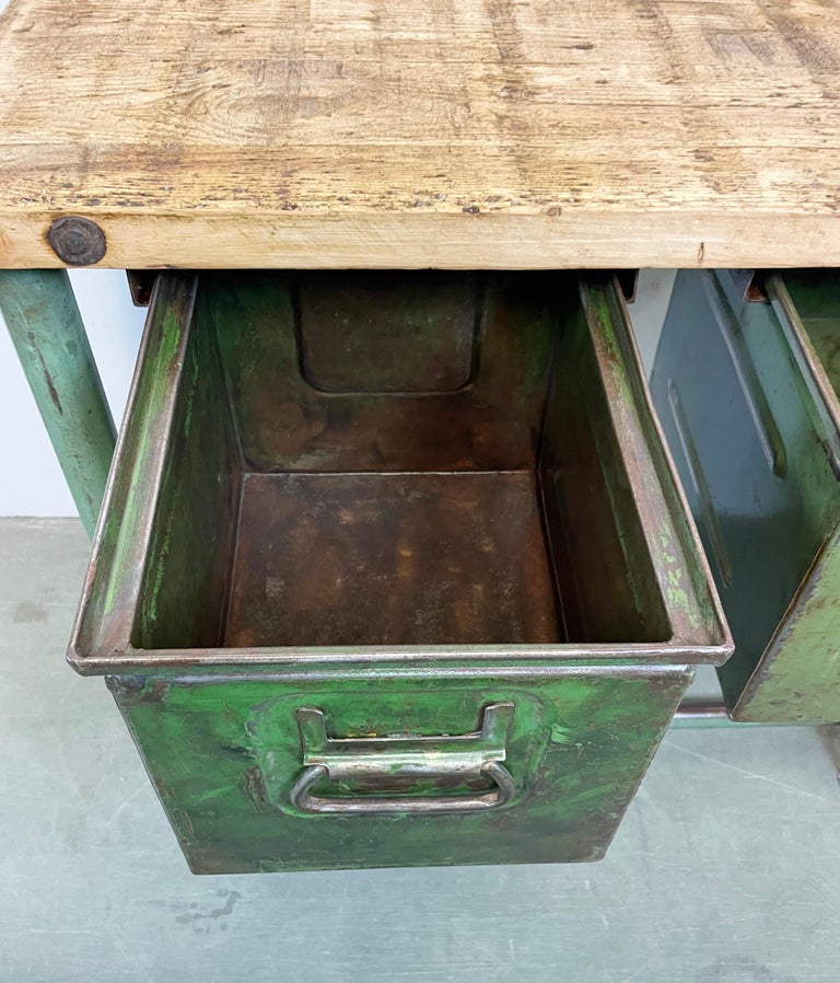 Green Industrial Worktable with Two Iron Drawers, 1960s For Sale at 1stDibs