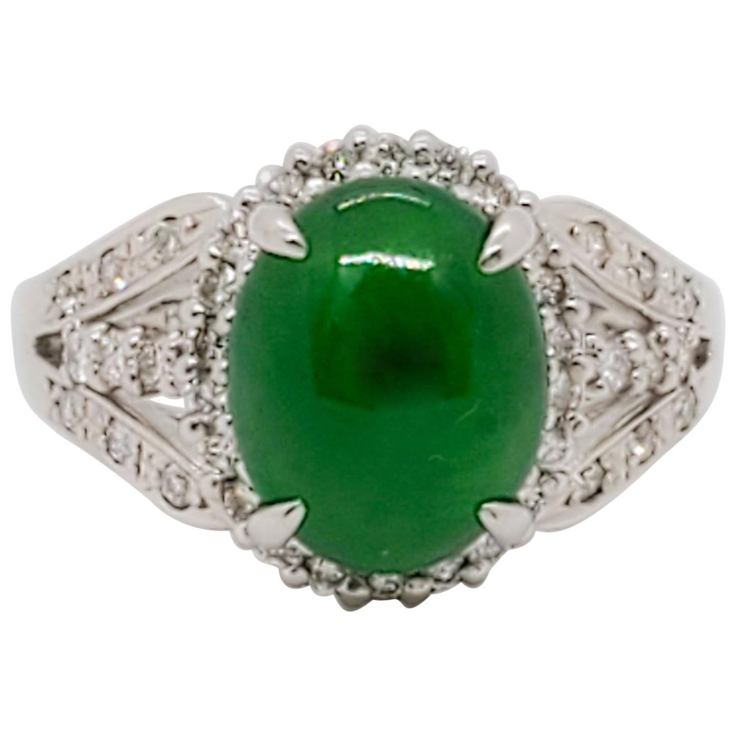 Oval Jade Cabochon Diamond Gold Ring For Sale at 1stDibs