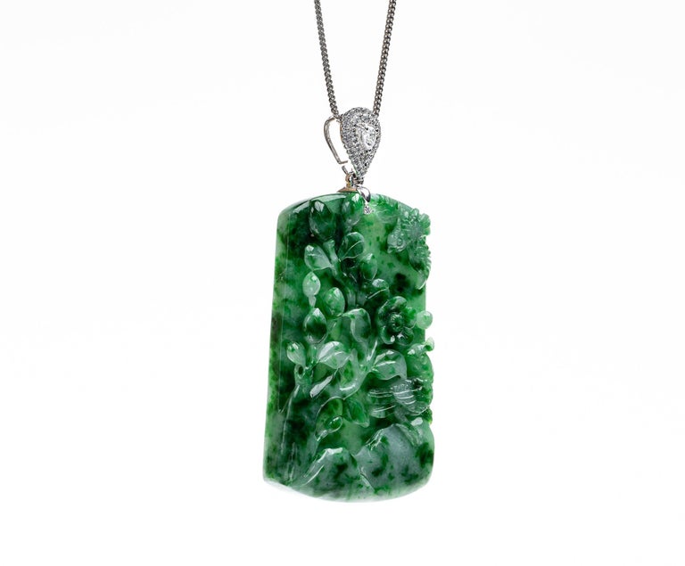 Green Jadeite Jade Flower with Birds and Diamond Pendant, Certified ...