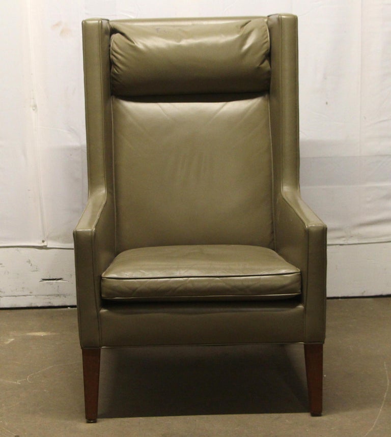 Green Leather Reading Chair with Dark Wood Tone Frame For Sale at 1stDibs