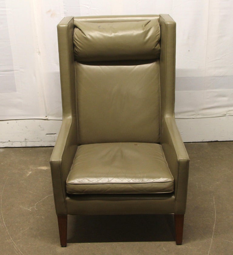 Green Leather Reading Chair with Dark Wood Tone Frame For Sale at 1stDibs
