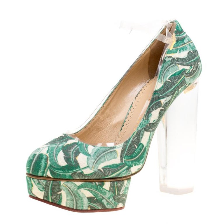 Green Leaves Printed Canvas and PVC Mabel Platform Pumps Size 39 For ...