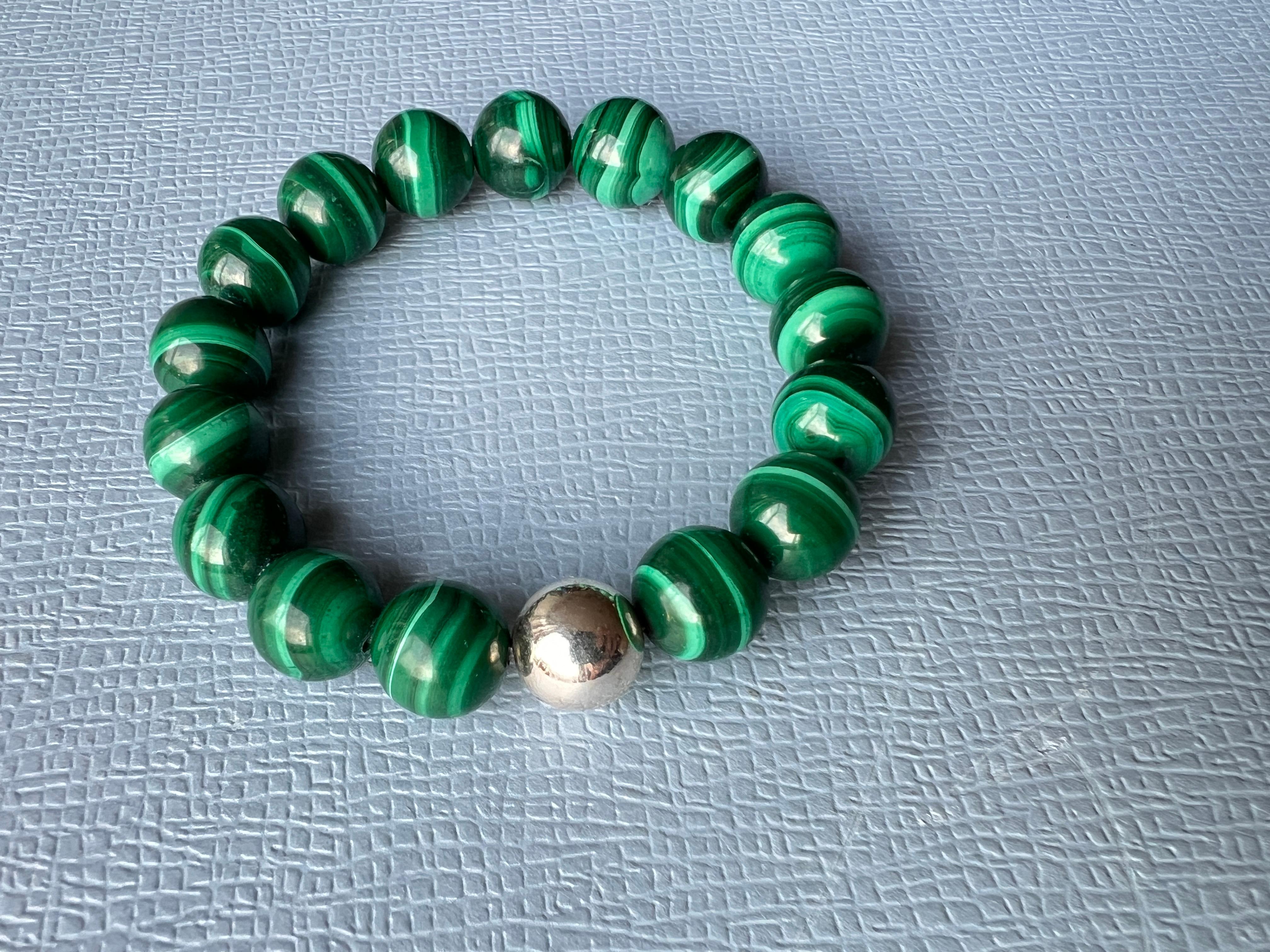 Green Malachite Semi Precious Bead Bracelet Silver Unisex For Sale at ...