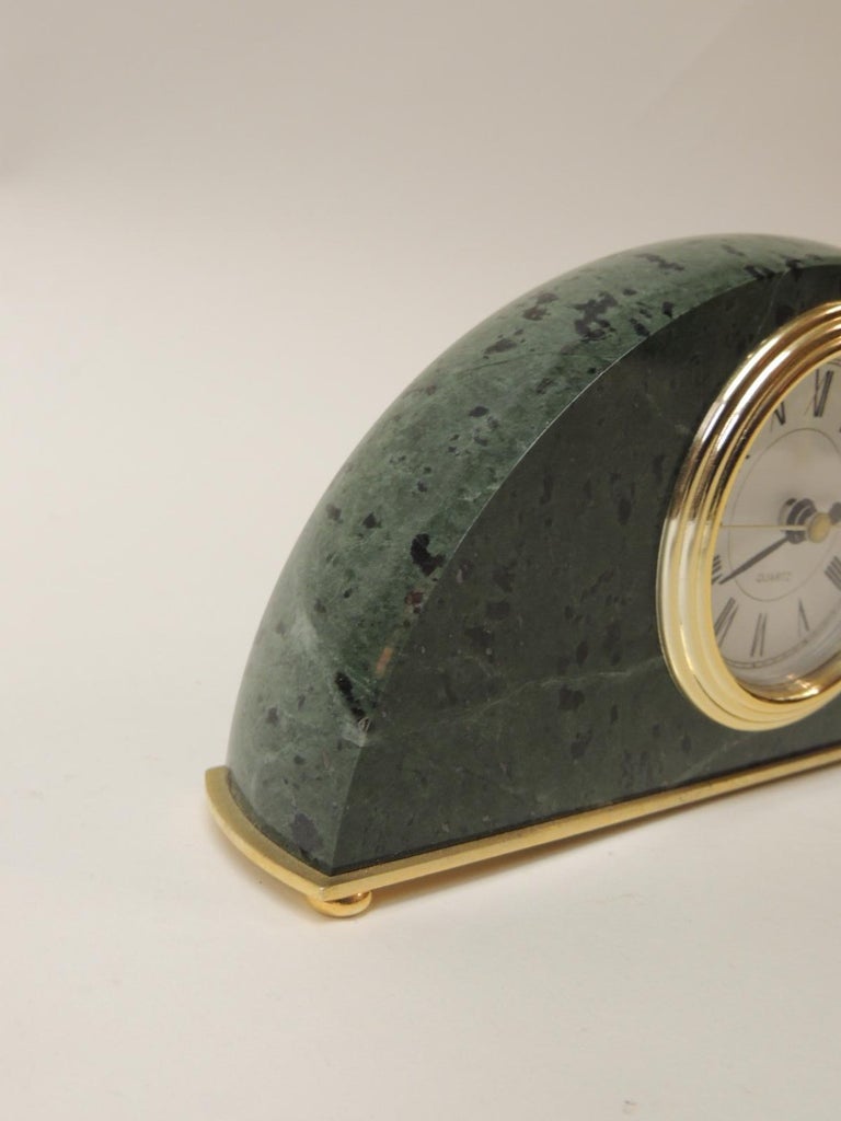 Green Marble Desk Clock with Polished Brass Details at 1stDibs
