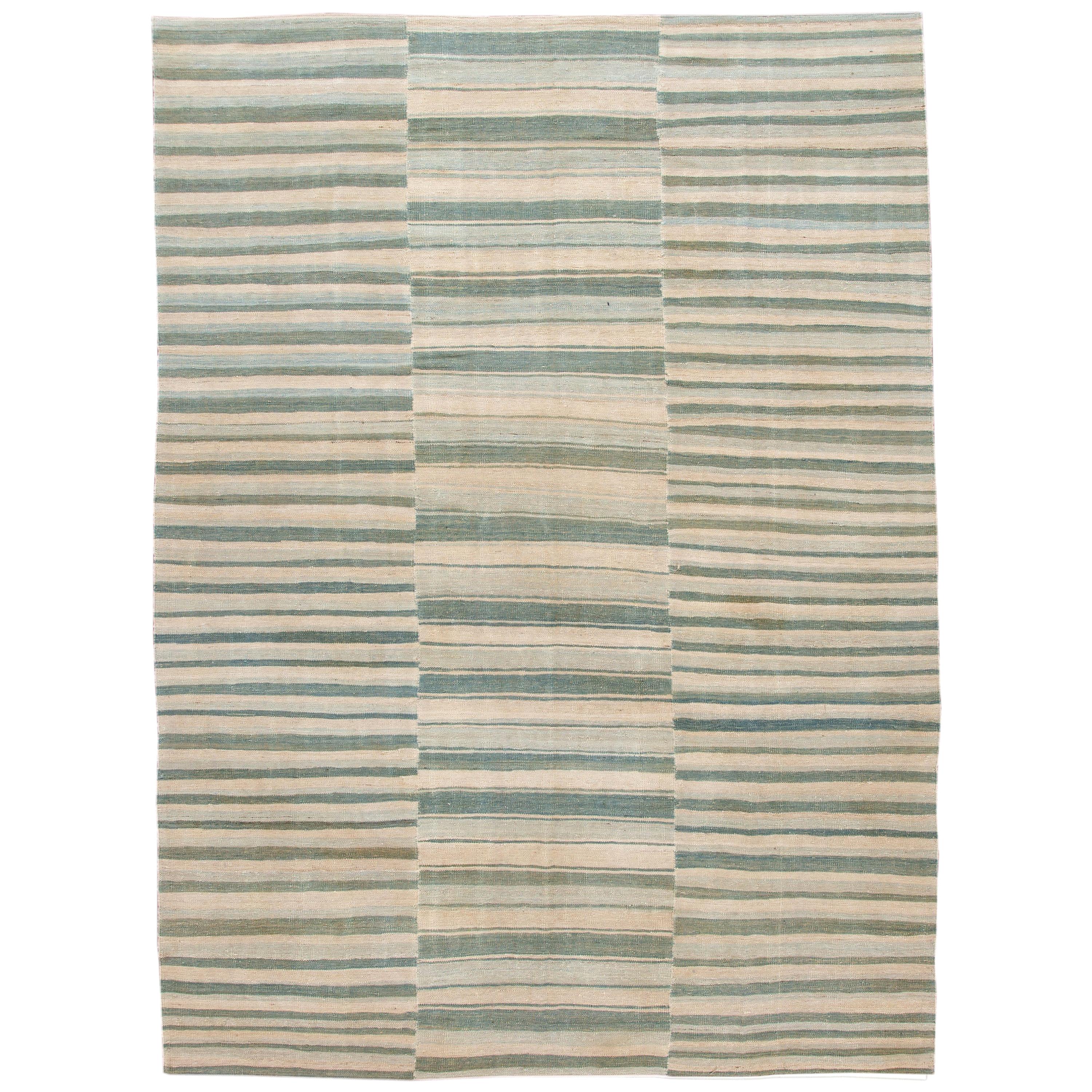Green Modern Kilim Striped Wool Rug For Sale at 1stDibs