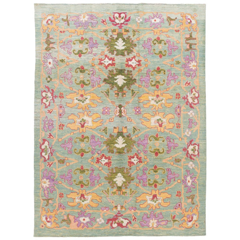 Green Modern Oushak Handmade Floral Wool Rug For Sale at 1stDibs ...