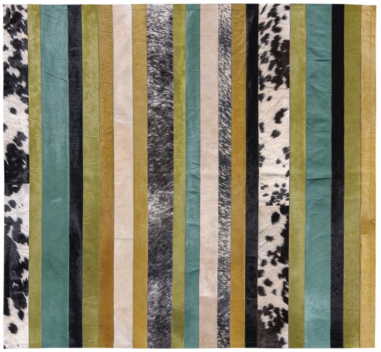 Green Ochre and White Stripes Nueva Raya Customizable Cowhide Area Rug ...