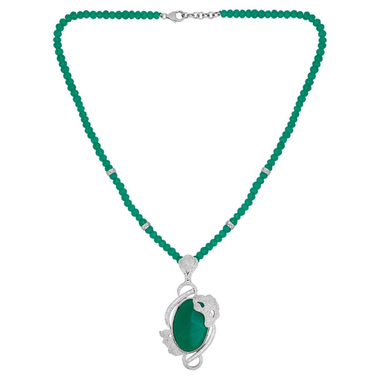 Green Onyx Gemstone Beaded Pendant Necklace Diamond Pave Silver ...
