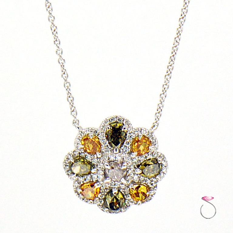 Green, Orange, White and Champagne Diamond Flower Necklace 18 Karat ...