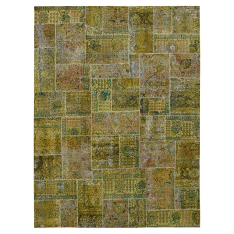 Green Overdyed Patchwork Vintage Persian Pure Wool Hand Knotted Oriental Rug For Sale at 1stDibs
