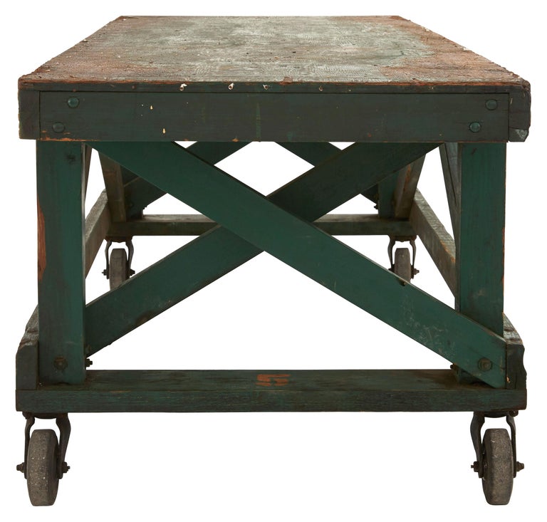 Green Painted Industrial Wooden Work Table at 1stDibs
