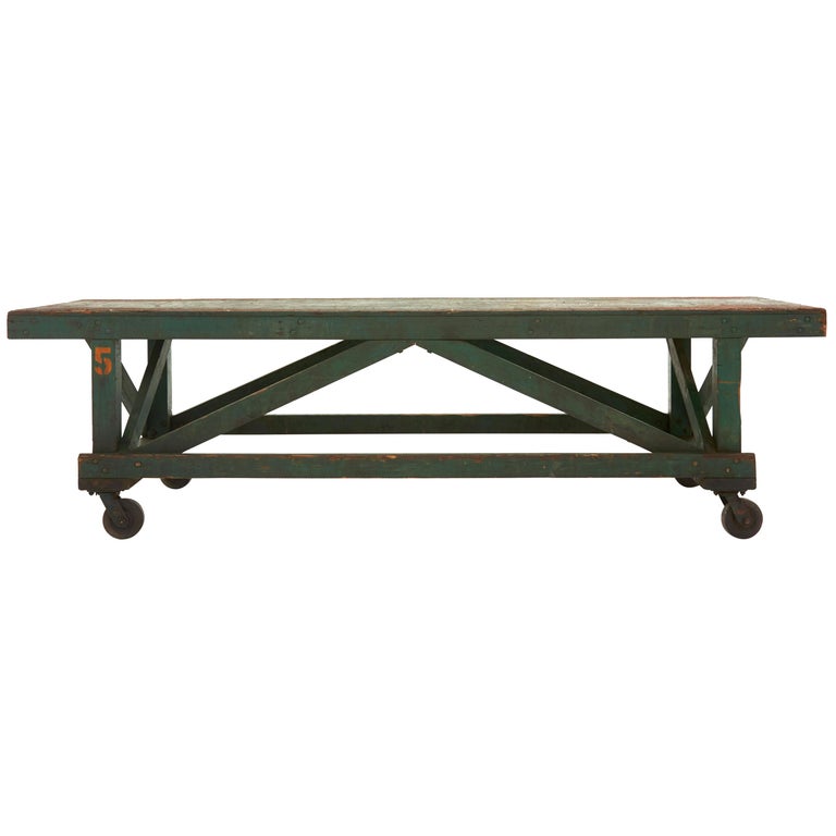 Green Painted Industrial Wooden Work Table at 1stDibs