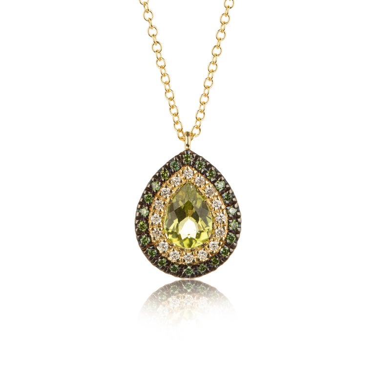 Green Peridot Pear Shape Necklace in 18Kt Yellow Gold with pave ...