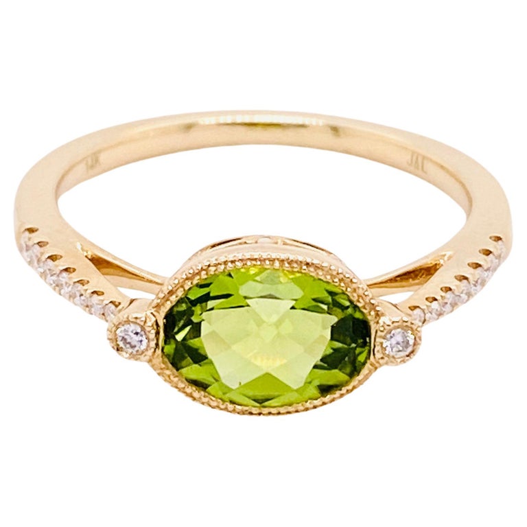 Green Peridot Ring w Oval Peridot Set East to West with Diamonds in 14 ...