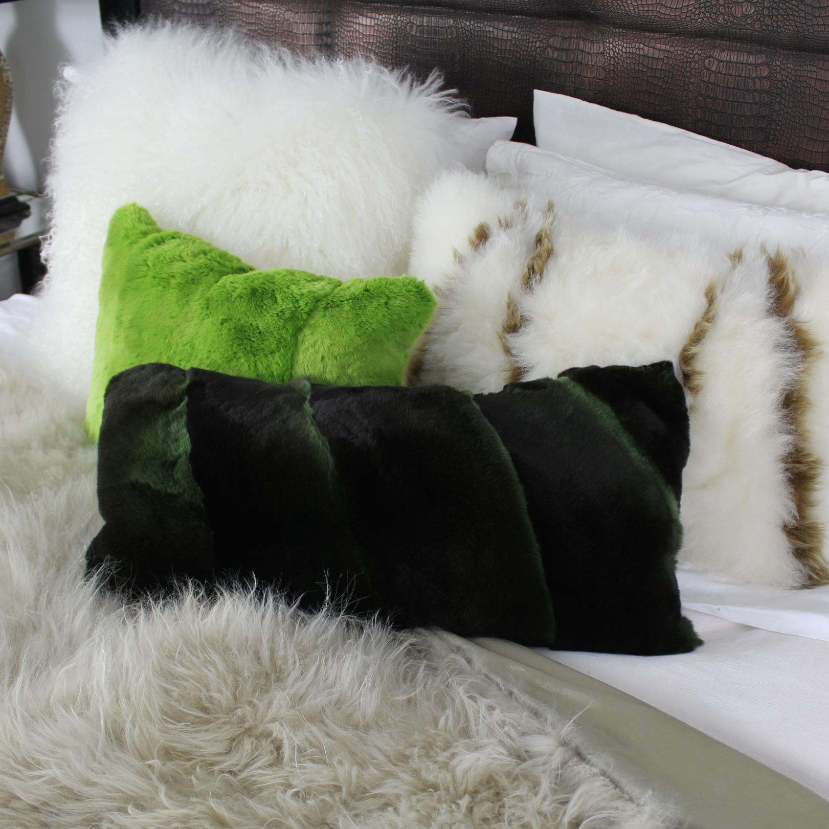 Green Rex Rabbit Fur Pillow Rectangle Lumbur Cushion For Sale at 1stDibs