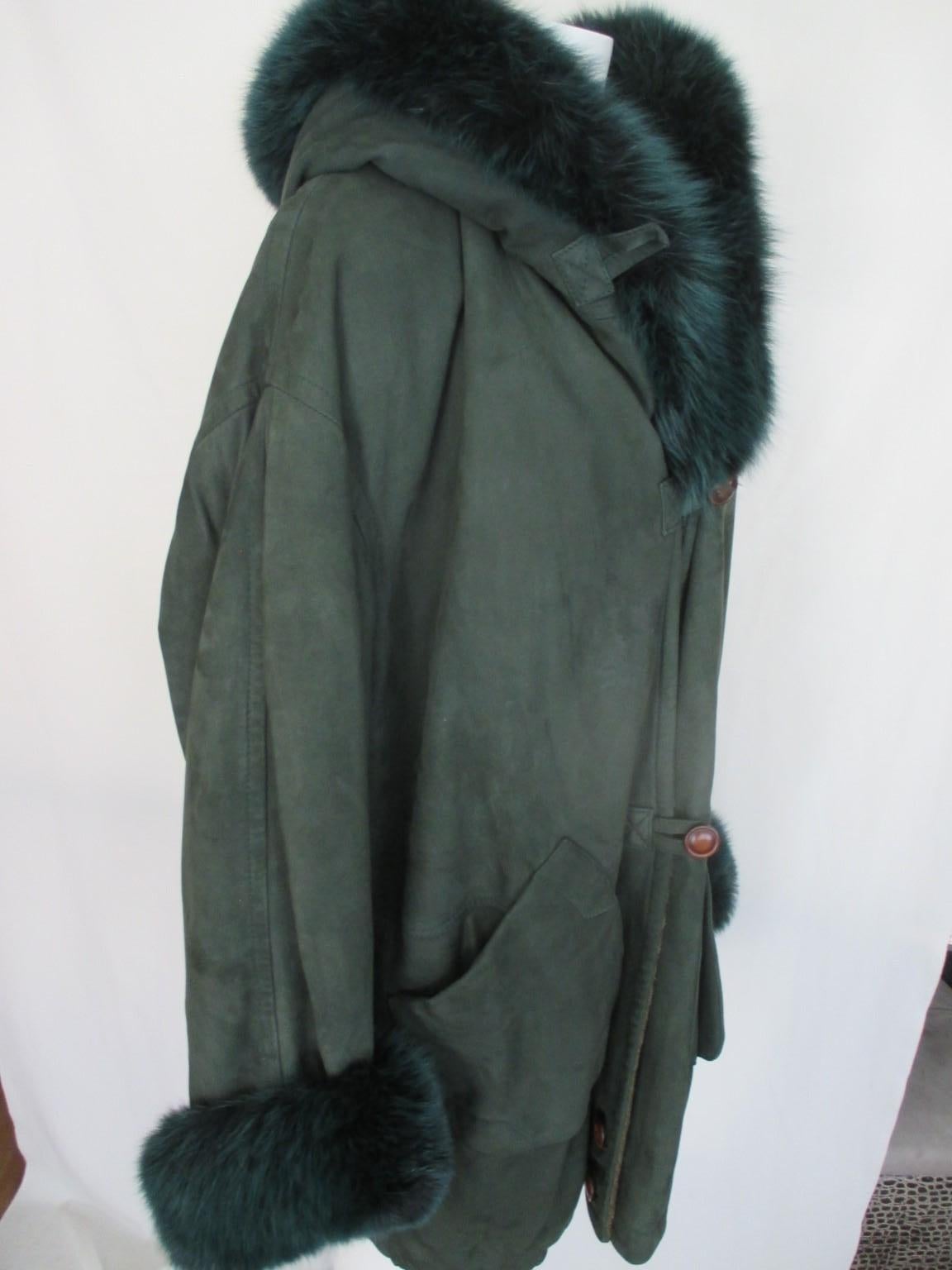 Green Suede Fox Fur Hooded Coat For Sale at 1stDibs