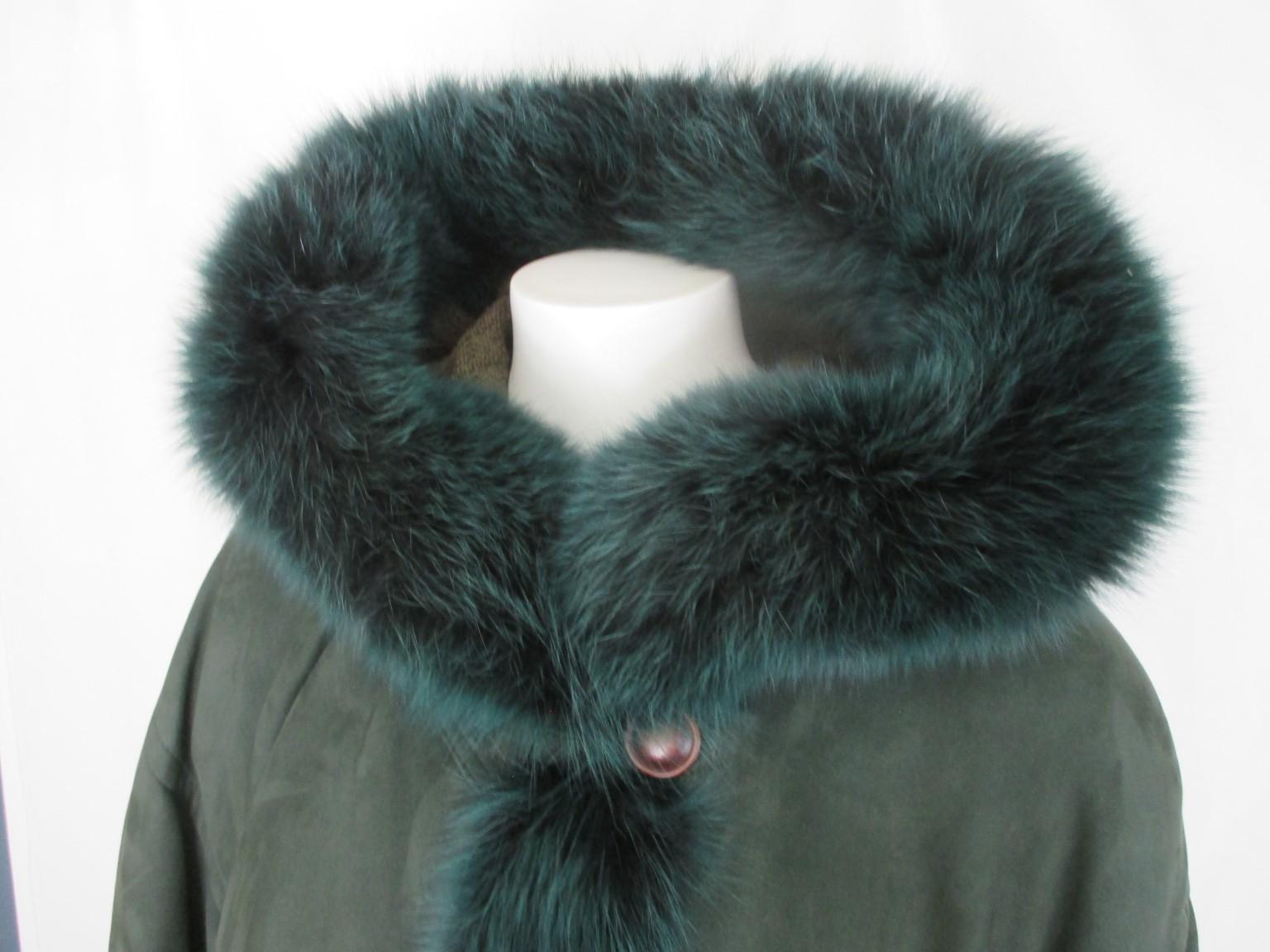 Green Suede Fox Fur Hooded Coat For Sale at 1stDibs