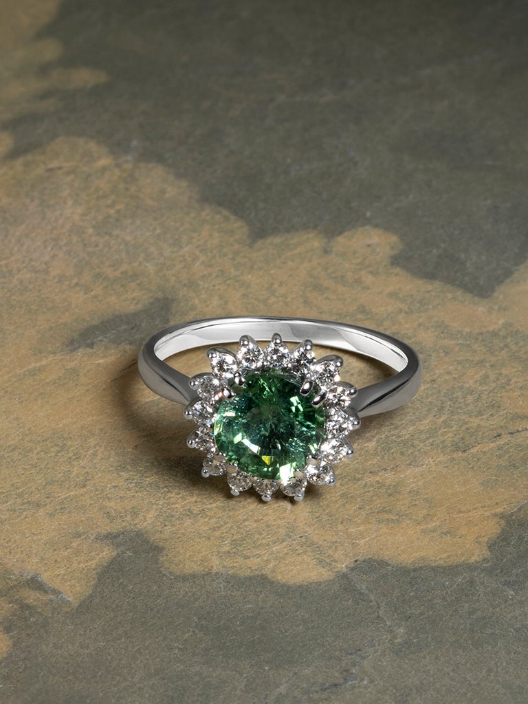 Green Tourmaline Diamond White Gold Ring Art Deco Style Flower For Sale ...