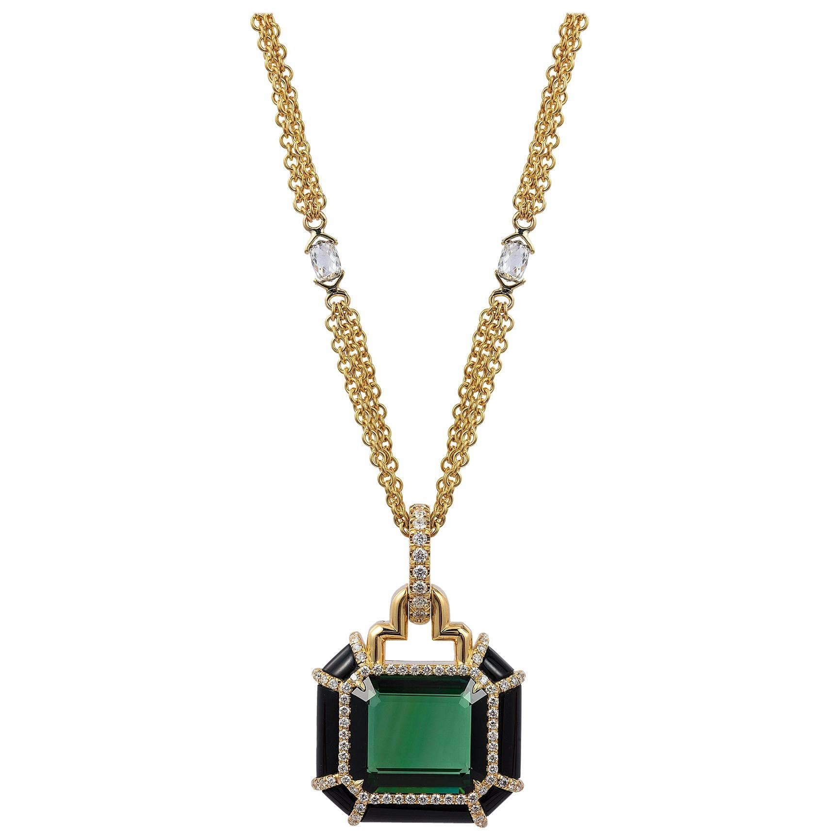 Goshwara Emerald Cut Green Tourmaline And Diamond Pendant For Sale at ...