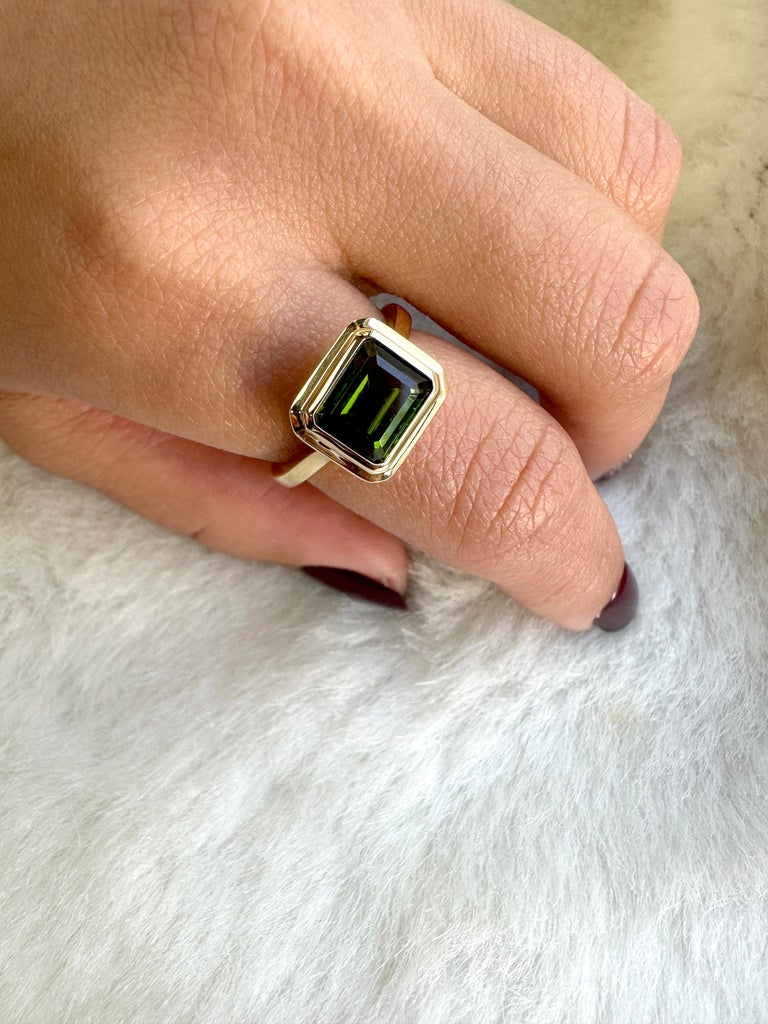Green Tourmaline Horizontal Emerald Cut Ring For Sale at 1stDibs