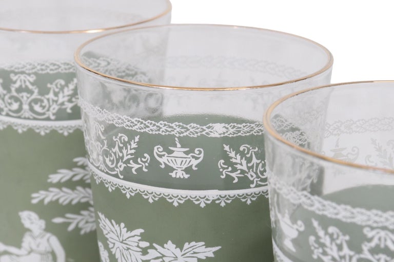 Green Transferware Glasses, Set of 6 For Sale at 1stDibs