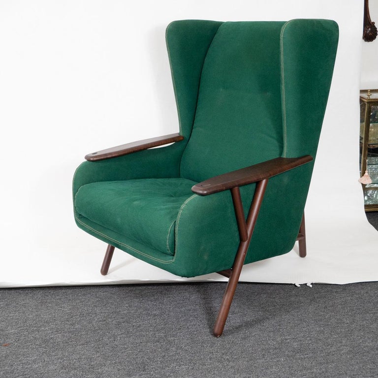 Green Upholstered Wingback Chair with Ottoman For Sale at 1stDibs