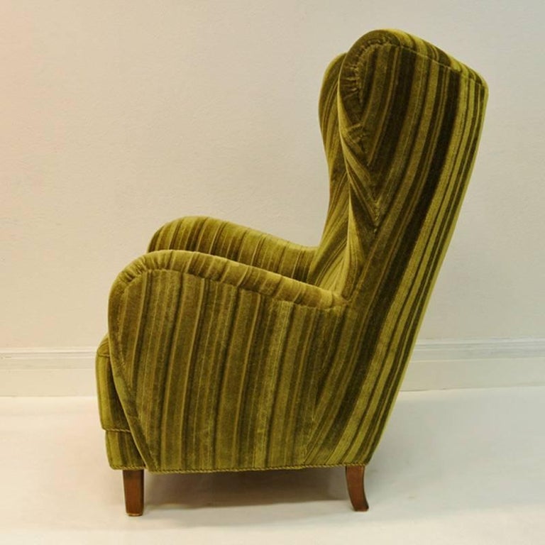 Green Velvet Wingback Easy Chair, 1930s-1940s, Denmark at 1stDibs