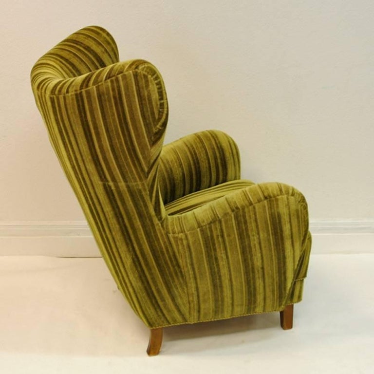Green Velvet Wingback Easy Chair, 1930s-1940s, Denmark at 1stDibs